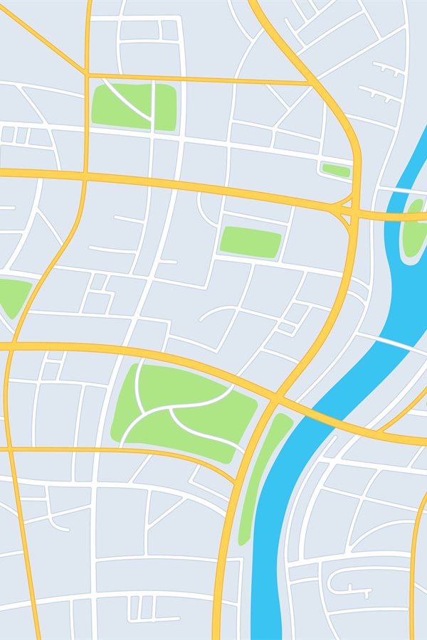 City map. Gps navigation plan, town streets with park and ri