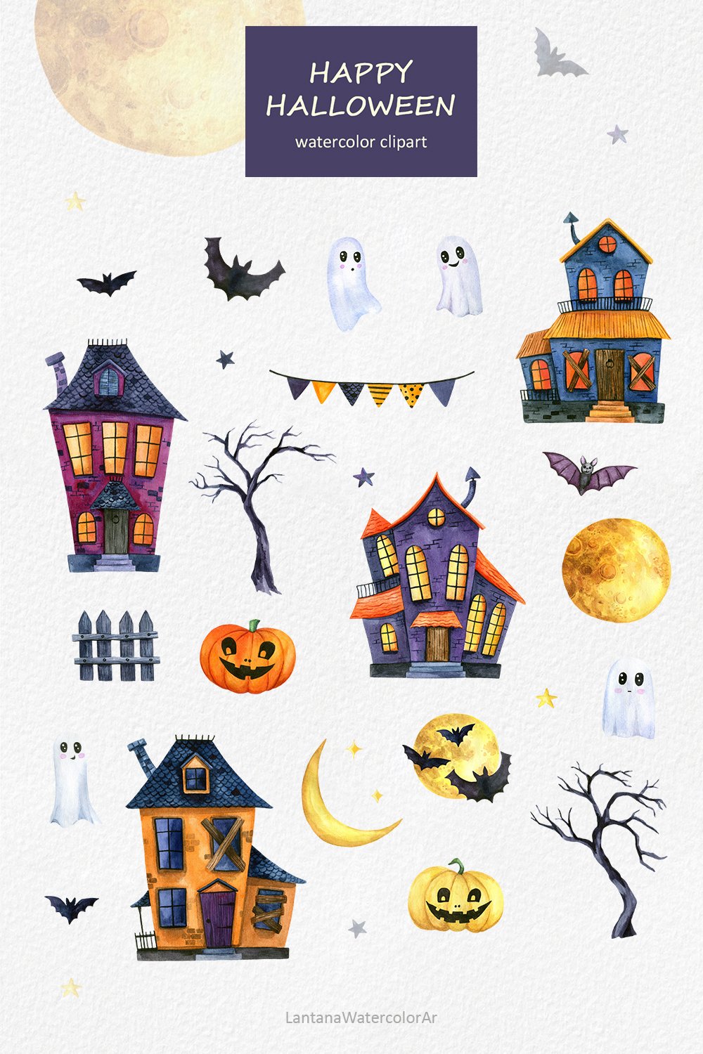 Watercolor Halloween Clipart |Haunted house