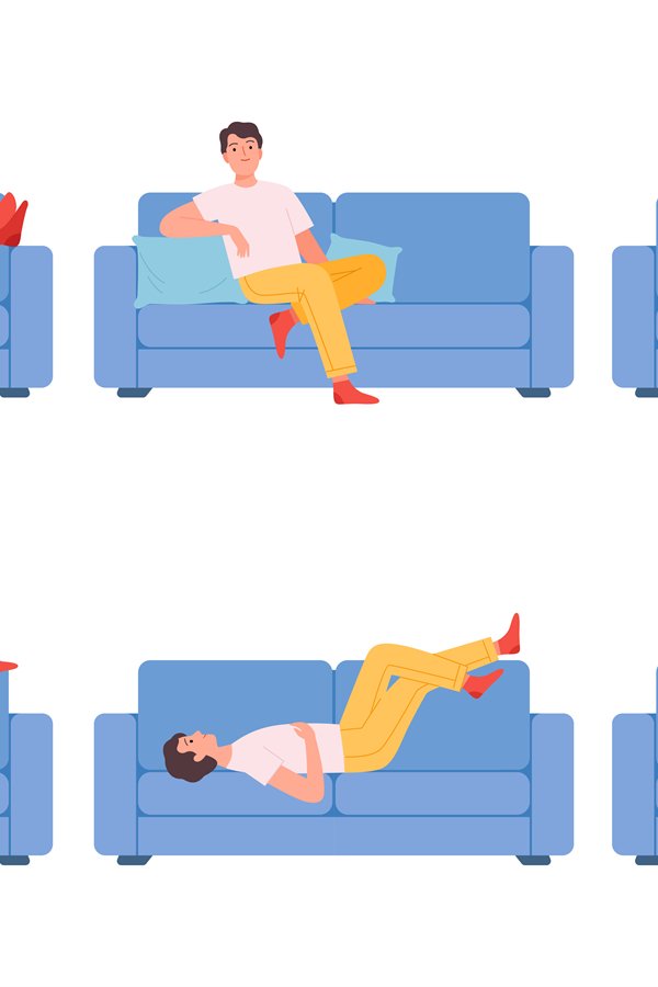 Man on couch. Relaxing different poses characters sitting on
