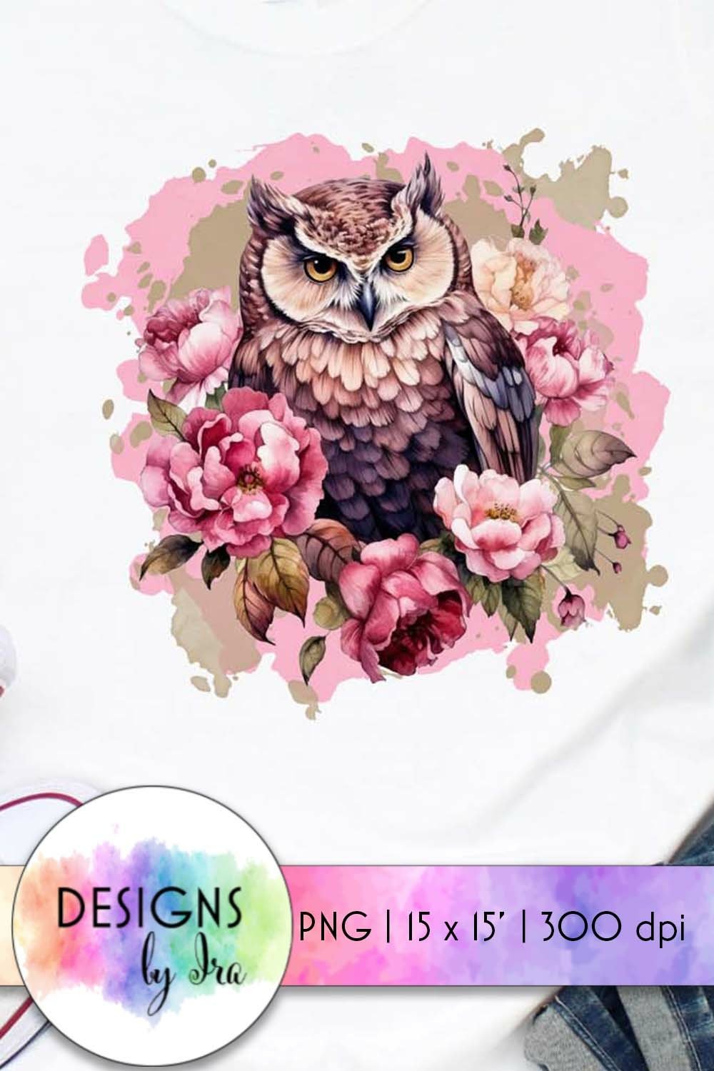 Owl with Pink Peony Flowers Sublimation | Watercolour Owl