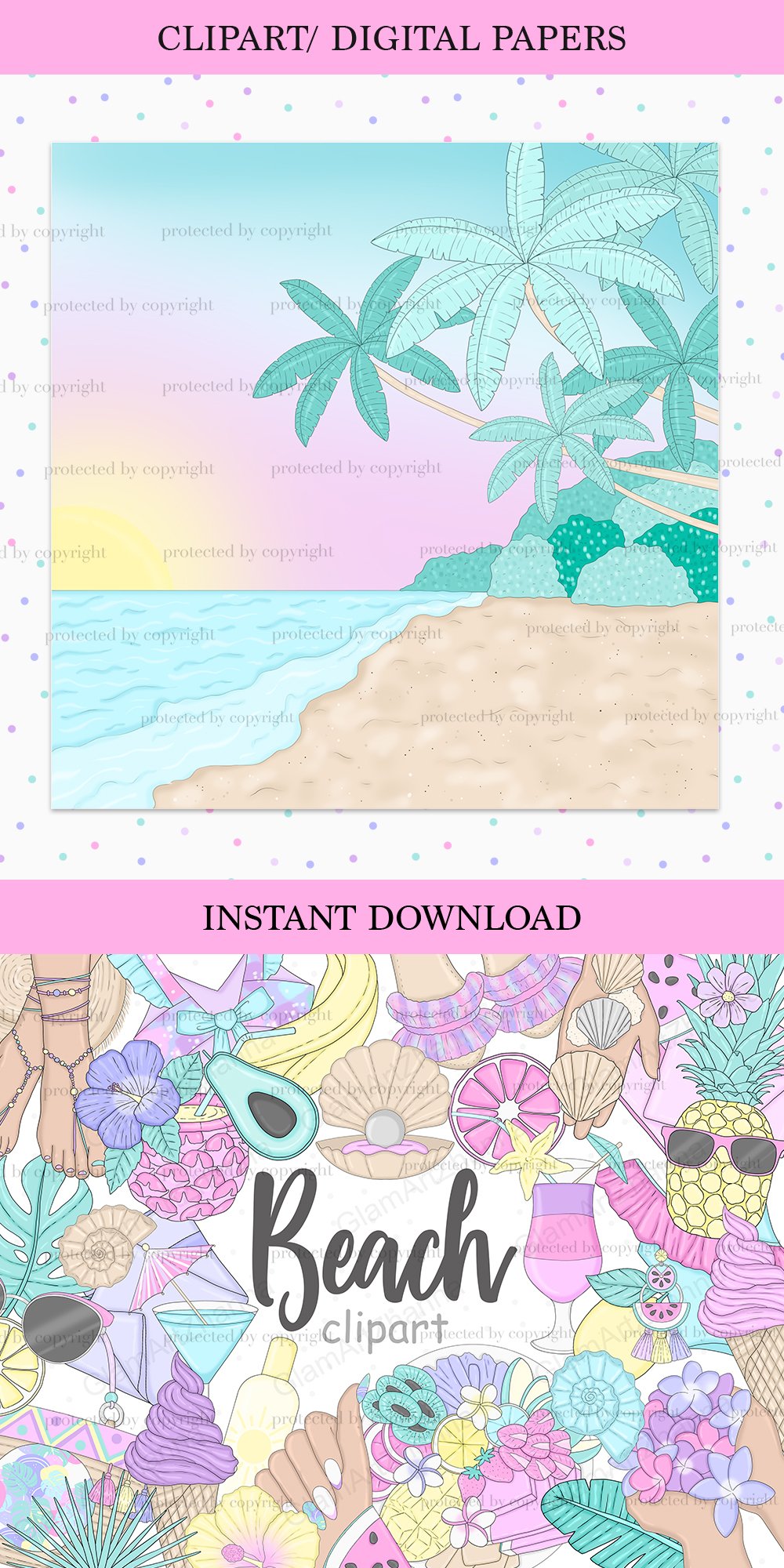 Beach Landscape Clipart | Pastel Summer Illustration