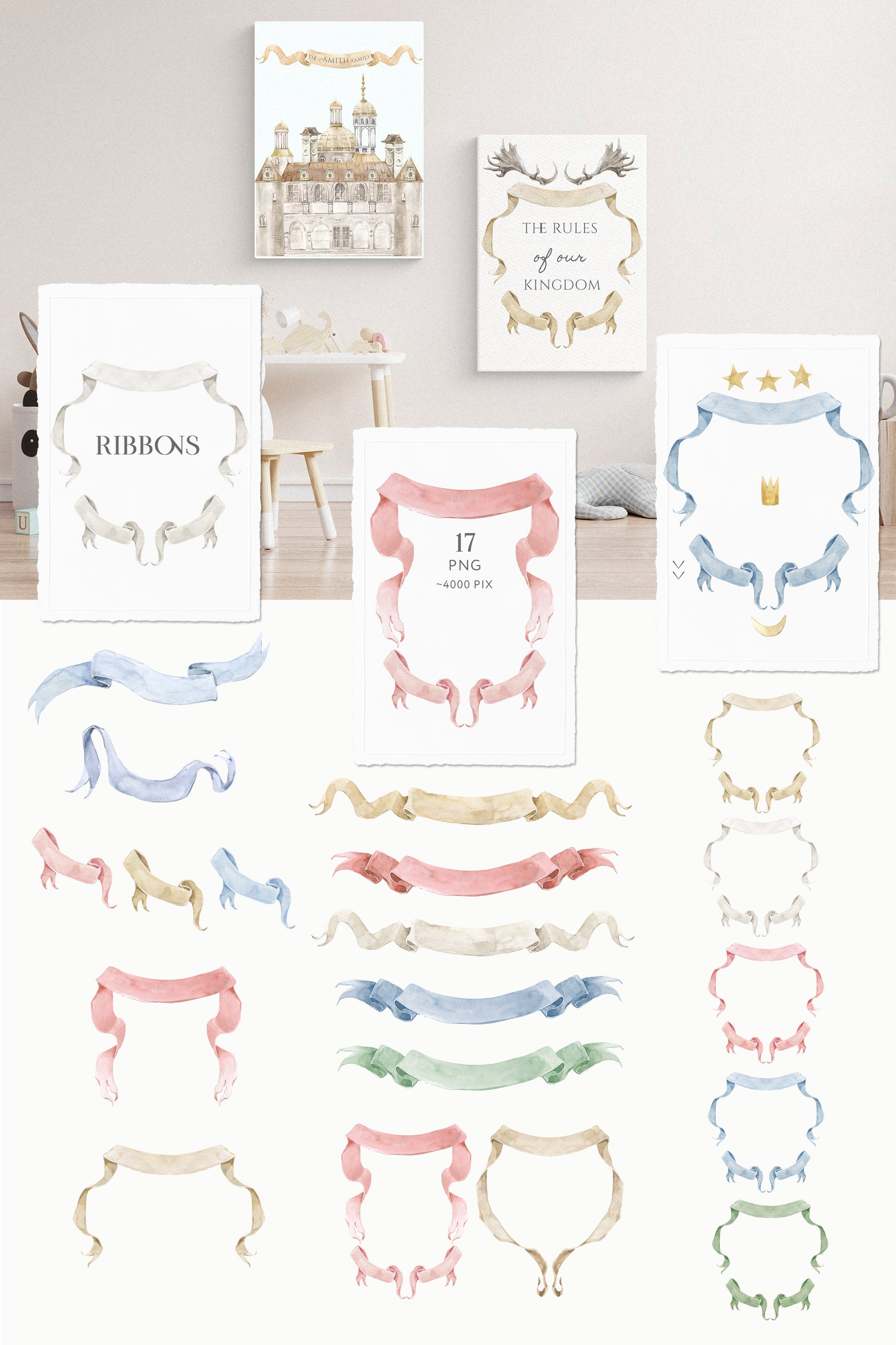 Watercolor Ribbon Banner Clipart Set. Crest creator PNG