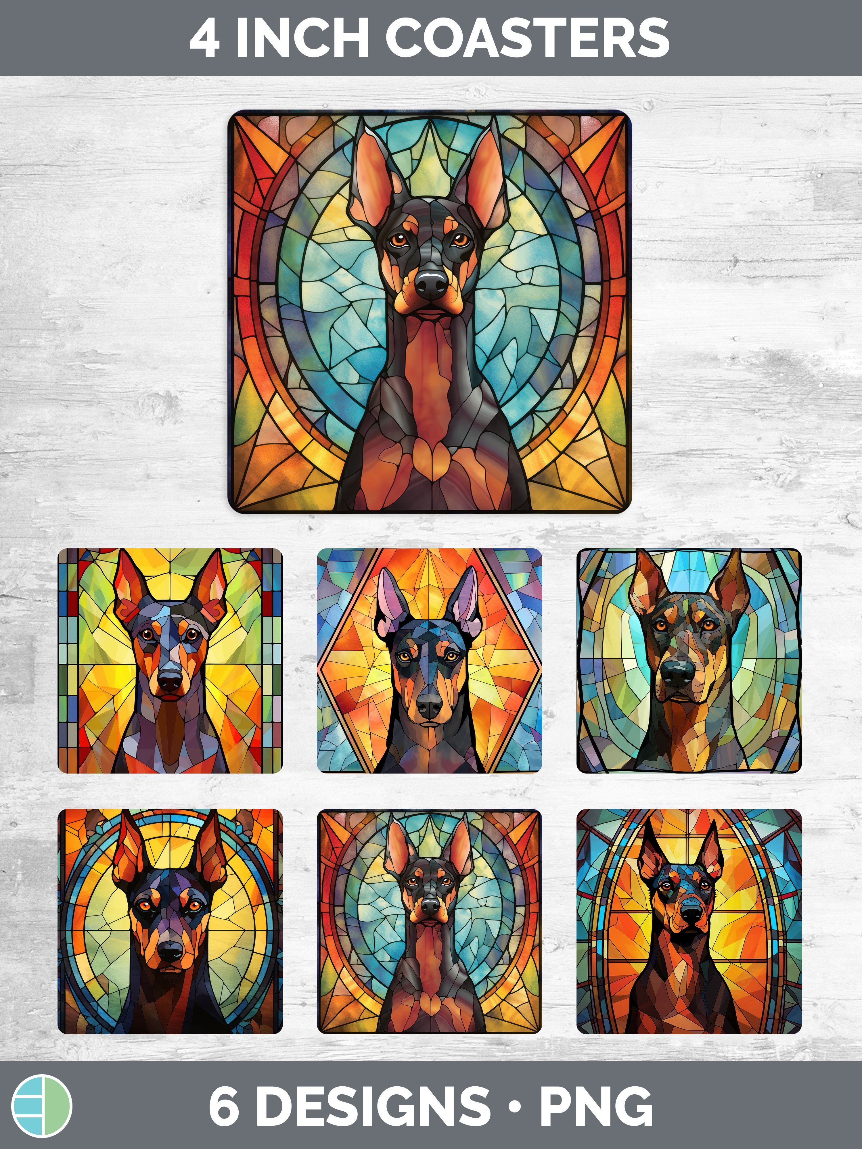 Stained Glass Doberman Pinscher Dog Square Coaster | Sublima