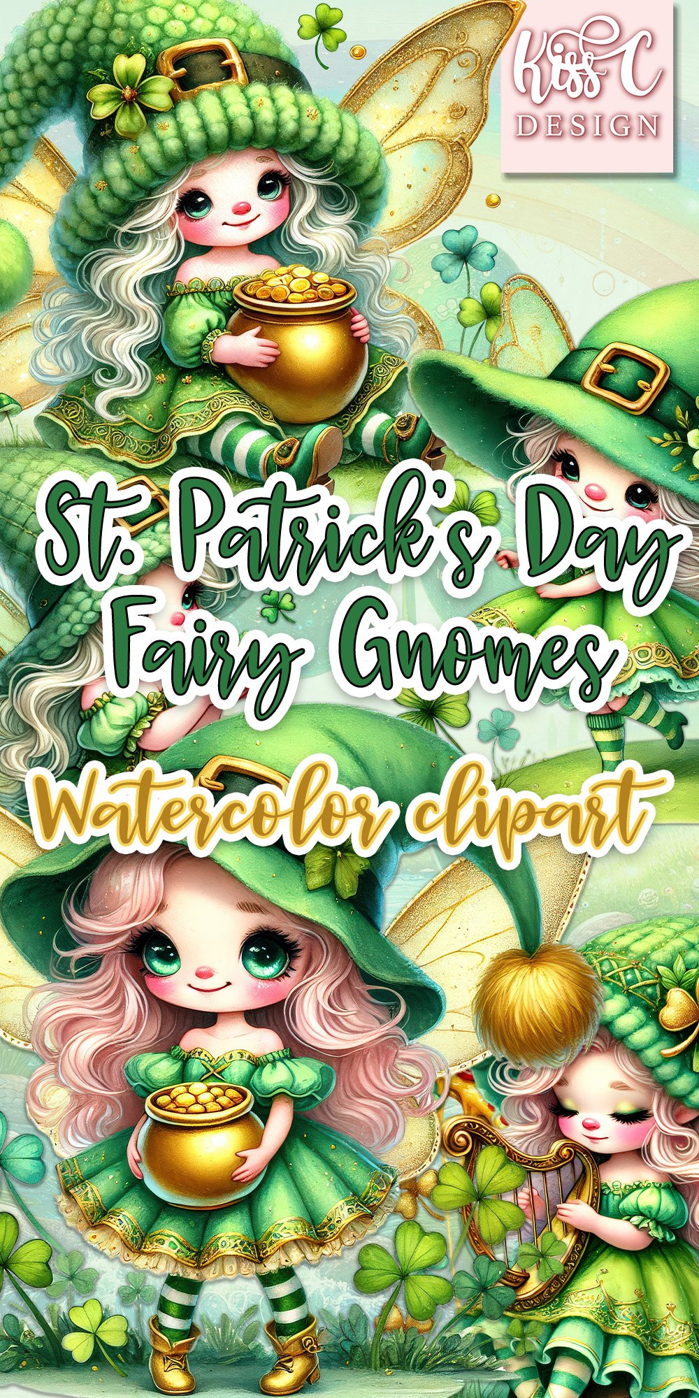 Watercolor Cute St. Patrick’s Day Fairy Gnomes Clipart