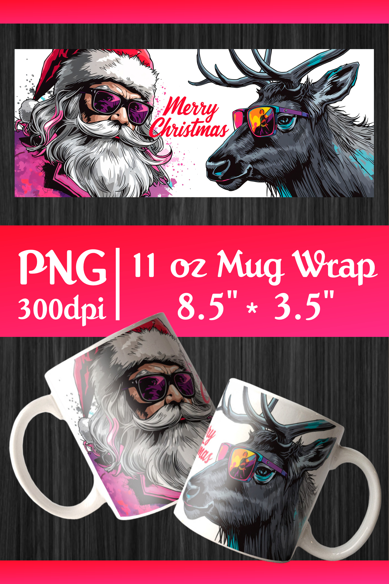 Cool Santa and Reindeer 11 oz Mug Wrap