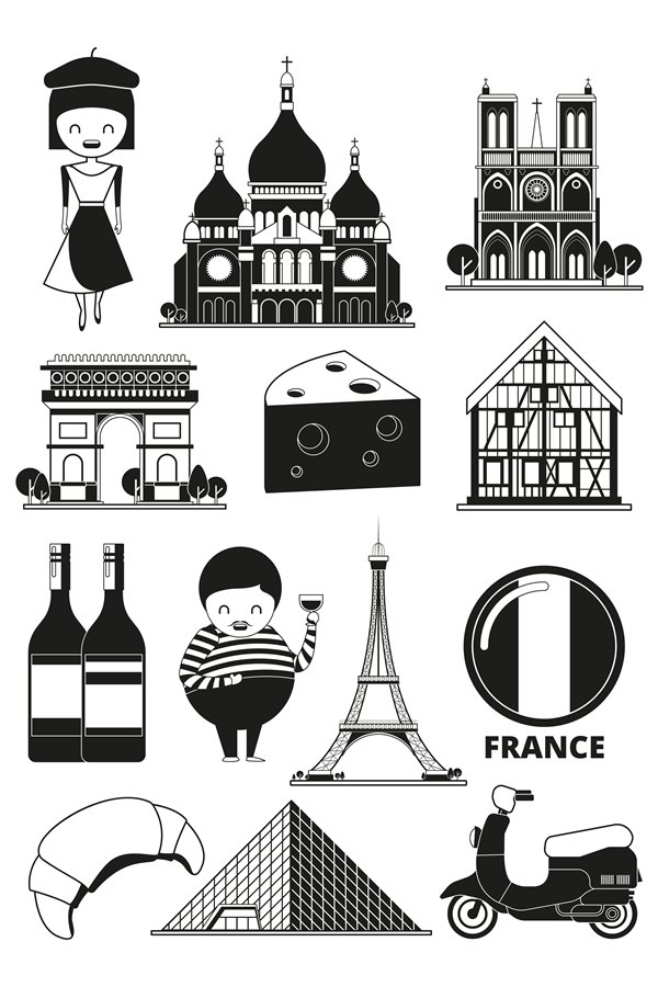 Monochrome illustrations of french landmarks. Vector picture