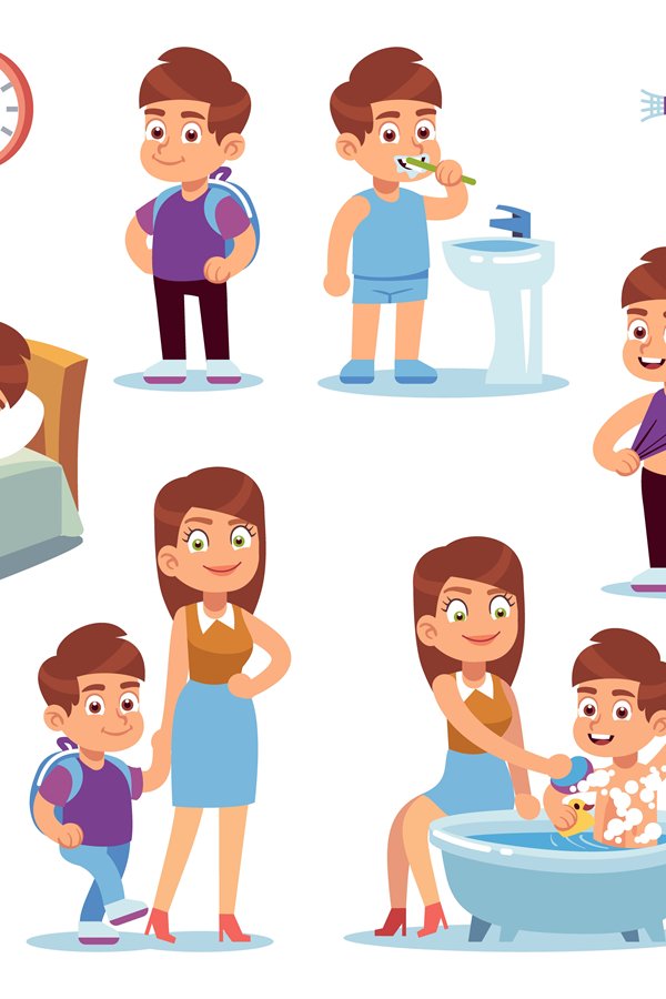 Boy routine. Kid daily activities, little child sleeps bed,