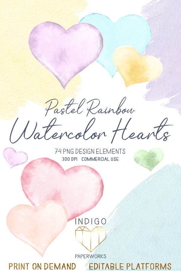Pastel Rainbow Hearts Clipart- 98 hand painted PNG elements