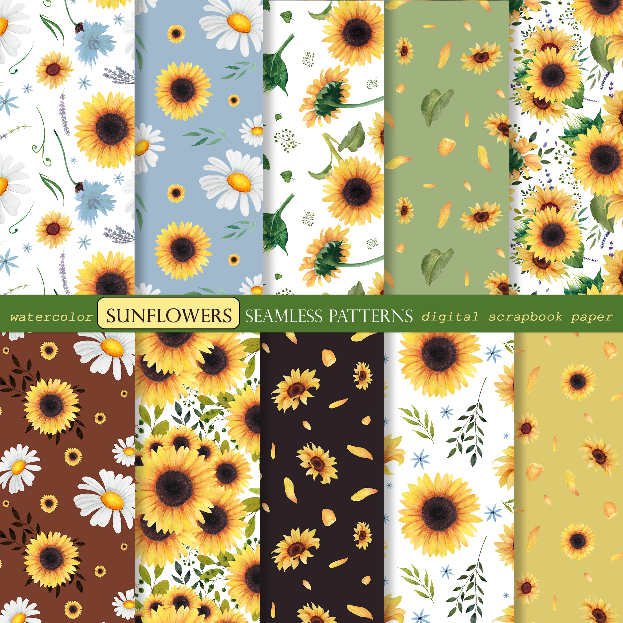 Watercolor flowers sunflower patterns, summer sunflowers