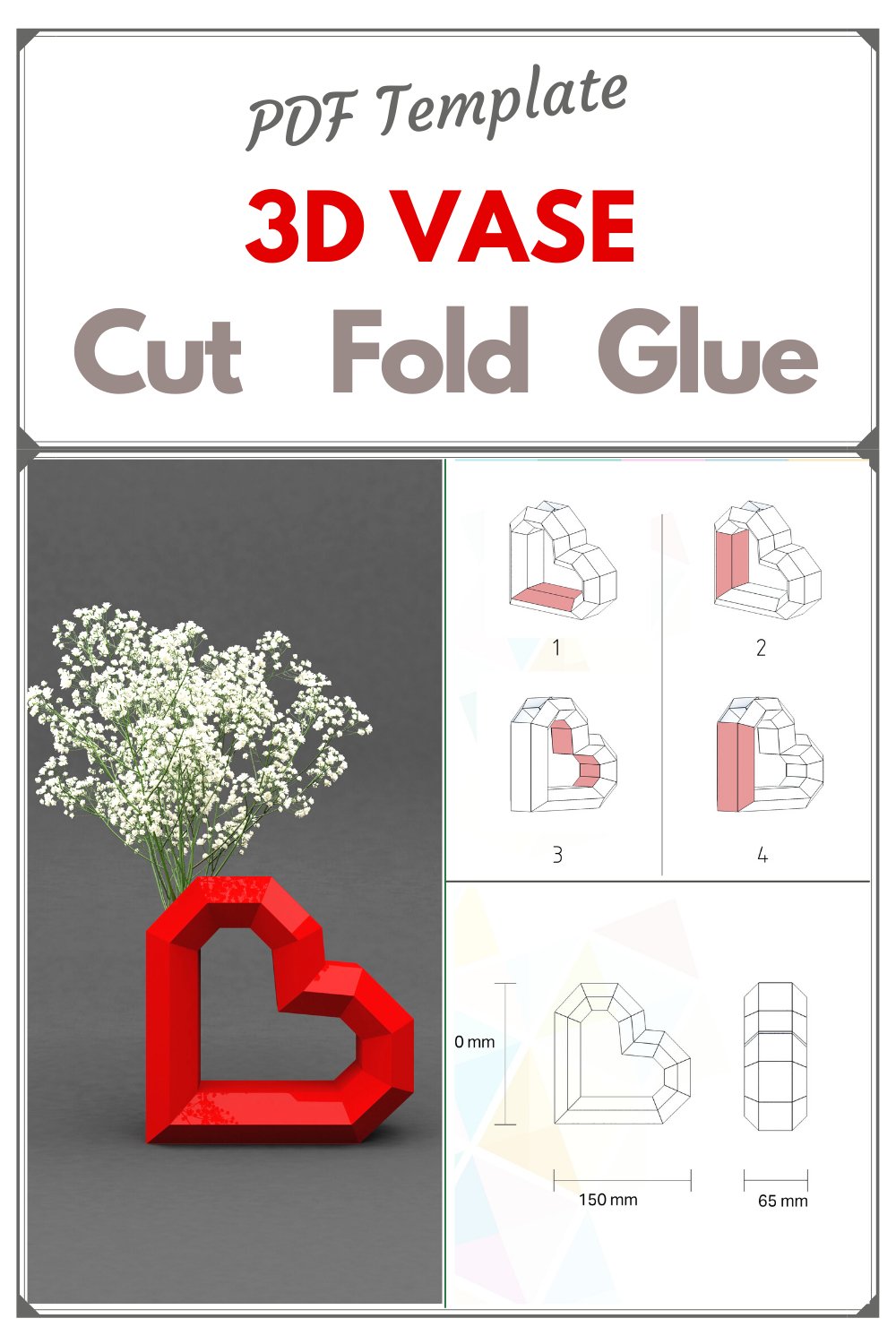Heart DIY vase, papercrafts pdf, geometric vase, love gift