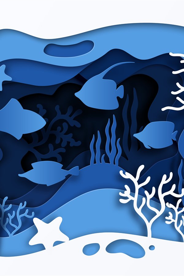 Paper cut sea background. Underwater ocean coral reef with w