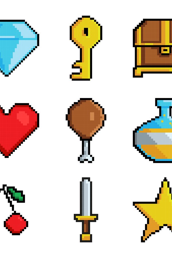 Pixel graphic game objects. 8 bit style pictures for various