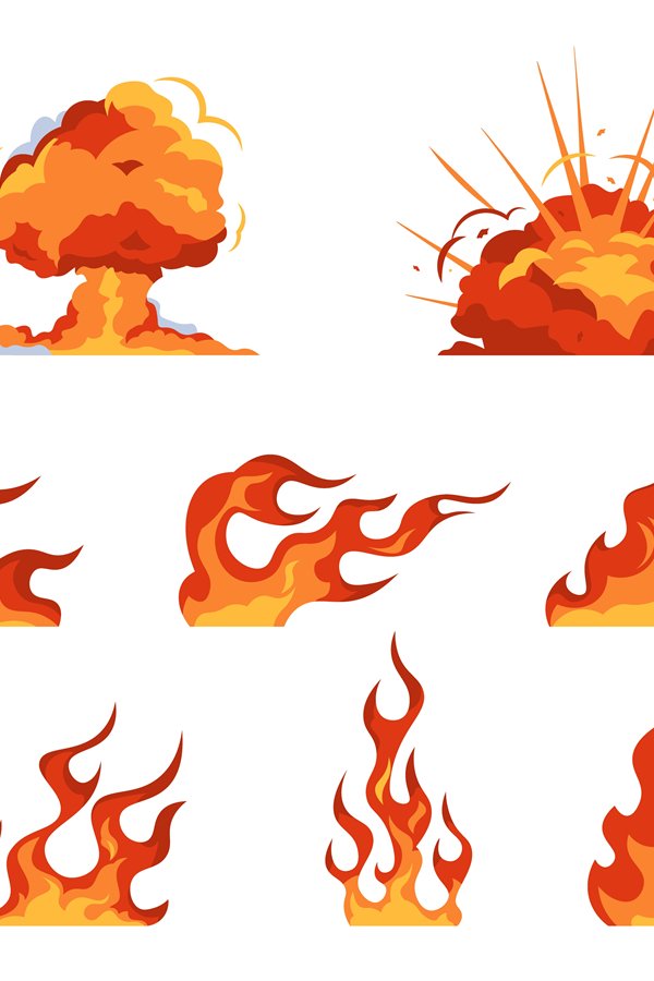 Cartoon fire flame. Flat fireball smoke and explosion effect
