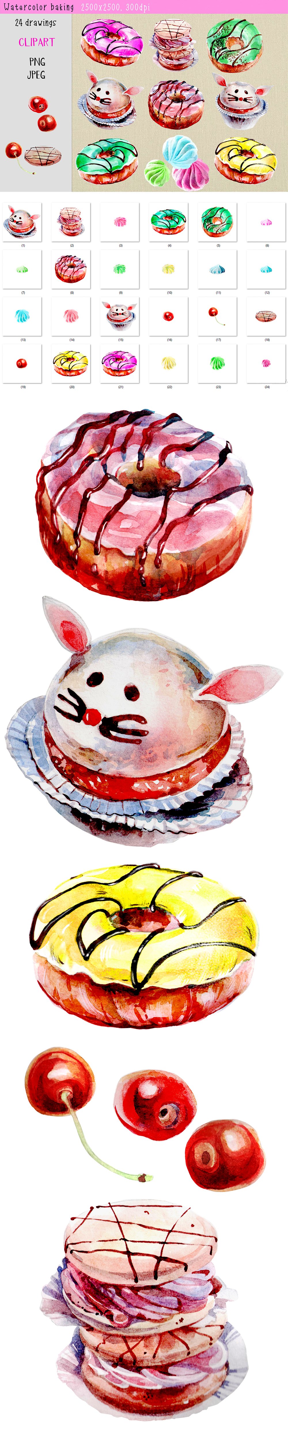 24 Watercolor Drawings/Sweets, Meringues, cakes, cherries