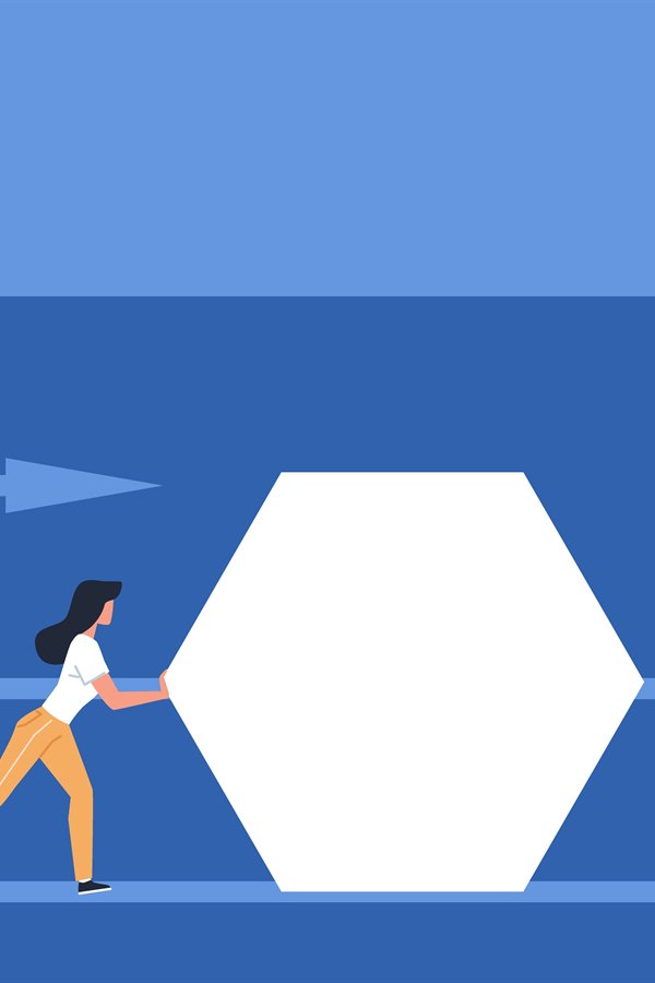 Robot pushing. Business people push geometric shapes, race w