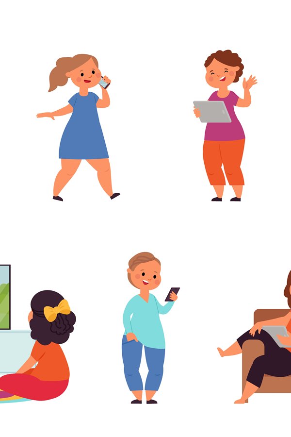 Children with gadgets. Teen phone addiction, girl kids using