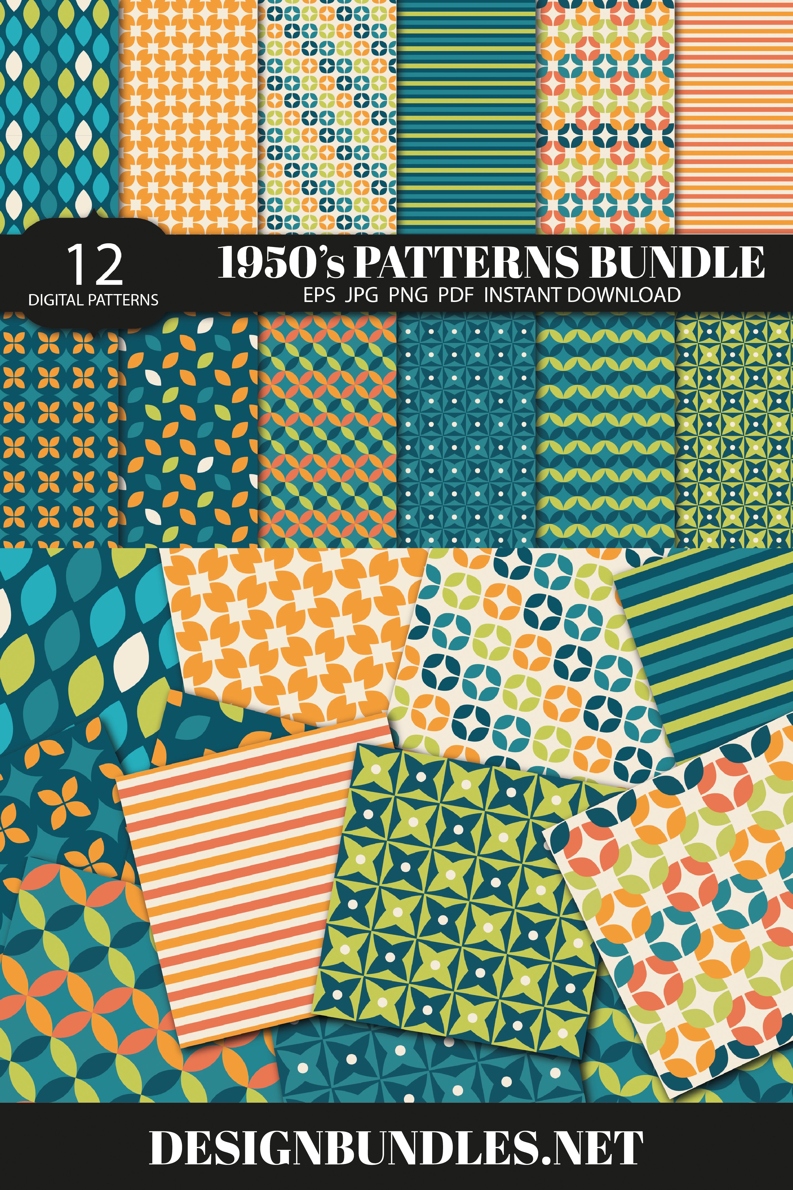 1950's Vintage patterns backgrounds bundle, digital papers