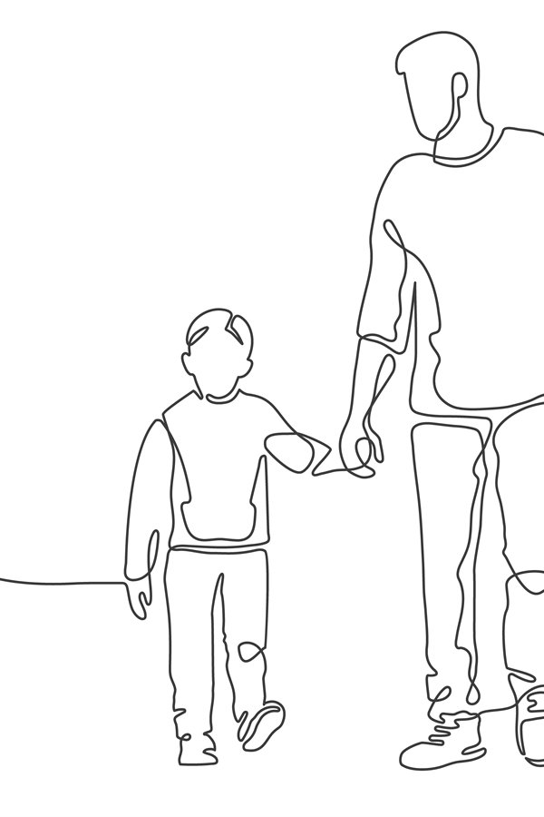 One line father. Dad walking with son. Fatherhood poster wit