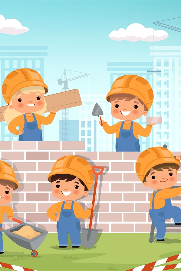 Construction background. Little kids making some work at con