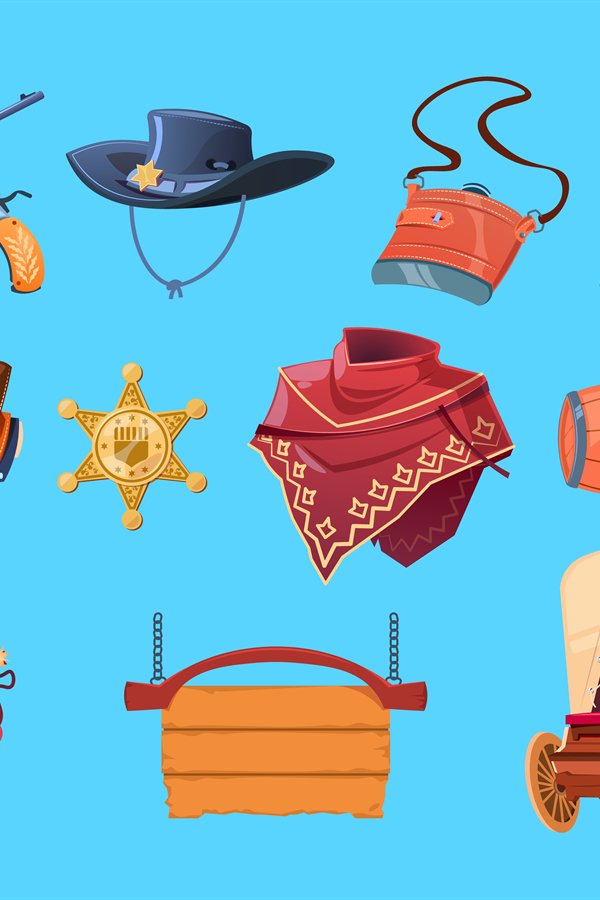 Western cartoon elements. Wild west cowboy boots, hat and gu