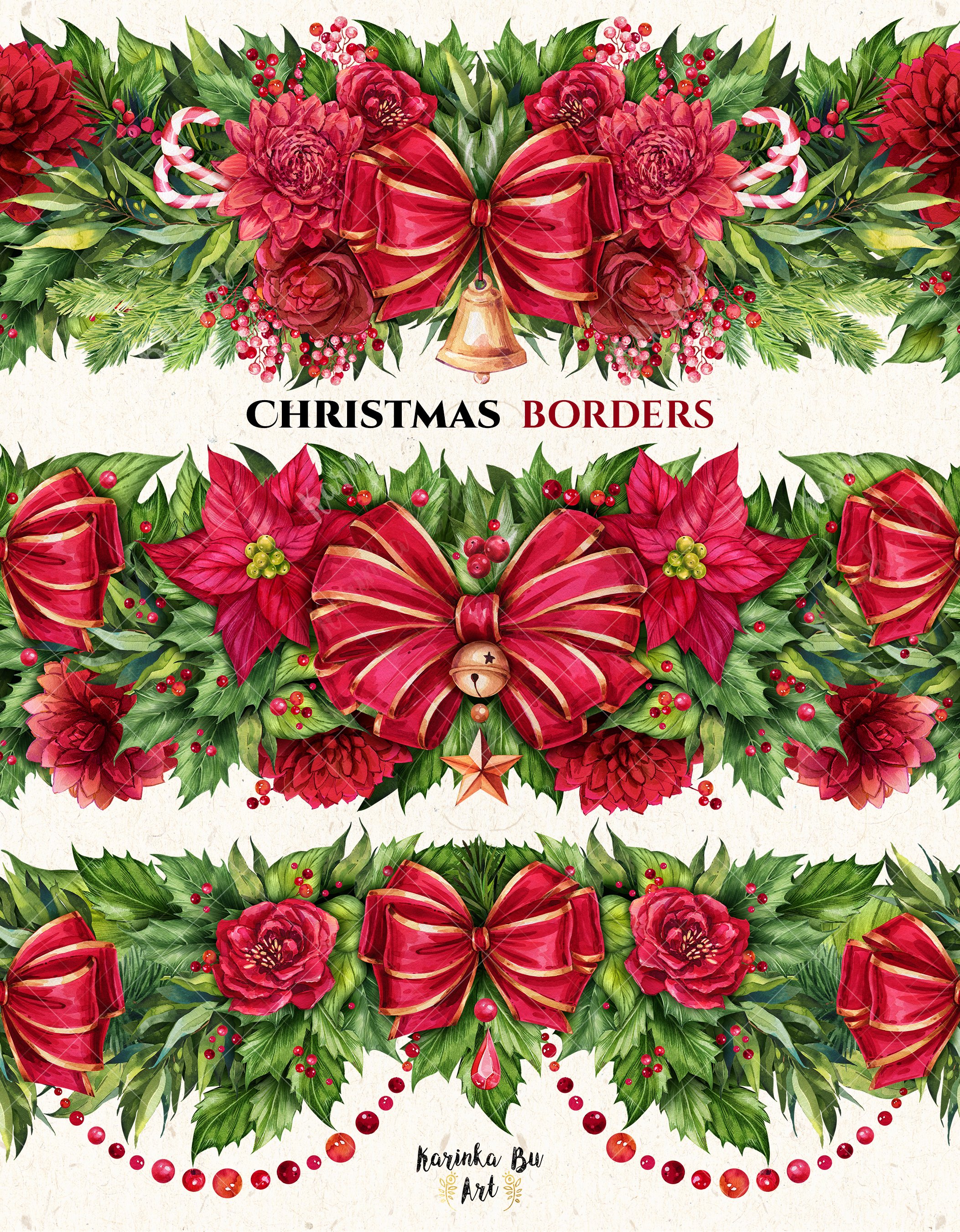 Watercolor Christmas borders 3 PNG clip art. Holly branch