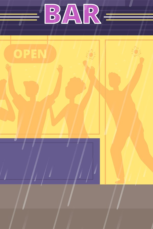 Night city street. Bar exterior, british pub open entrance.