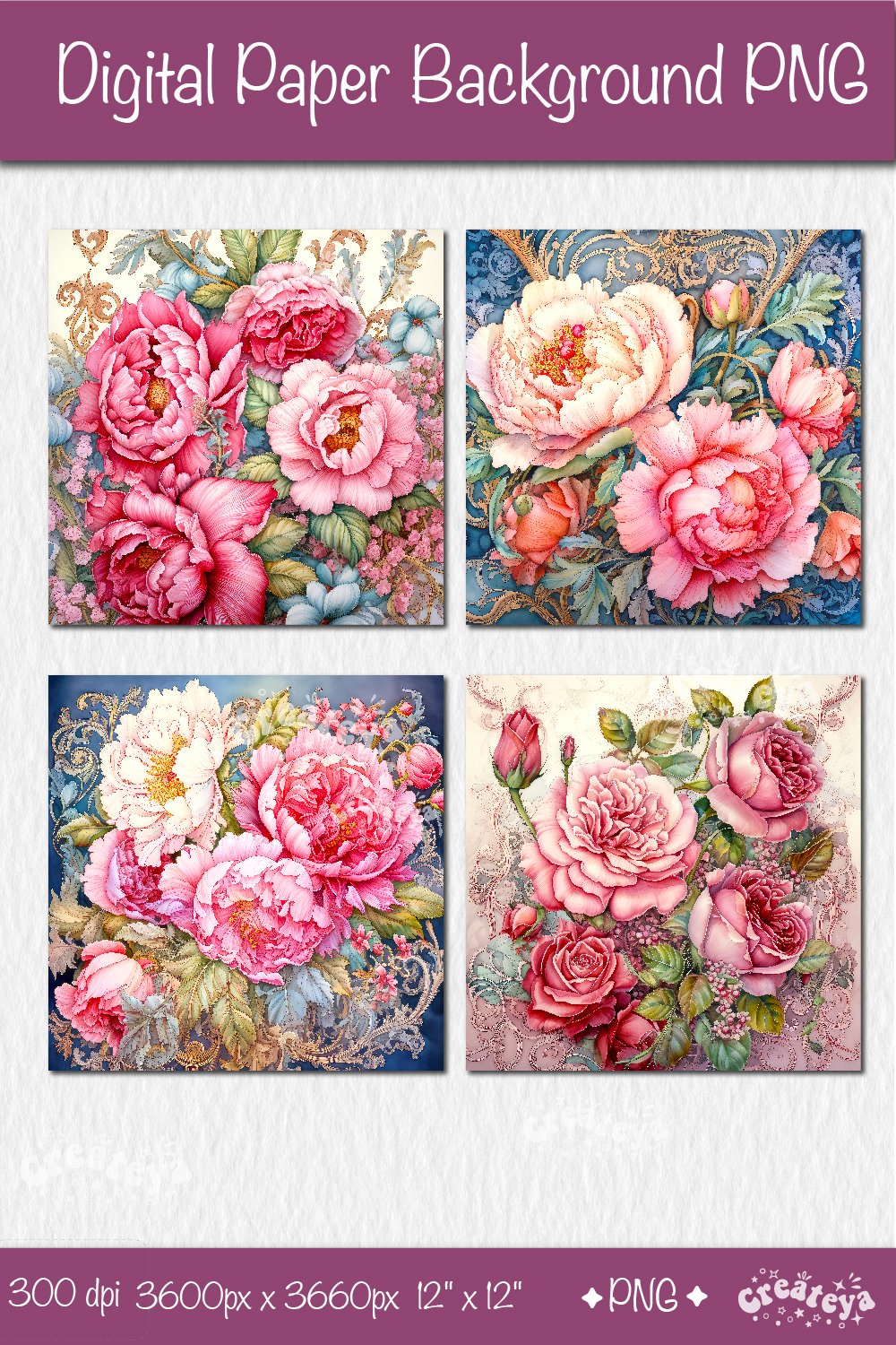 Digital Paper pink and blue Backgrounds Watercolor Flowers