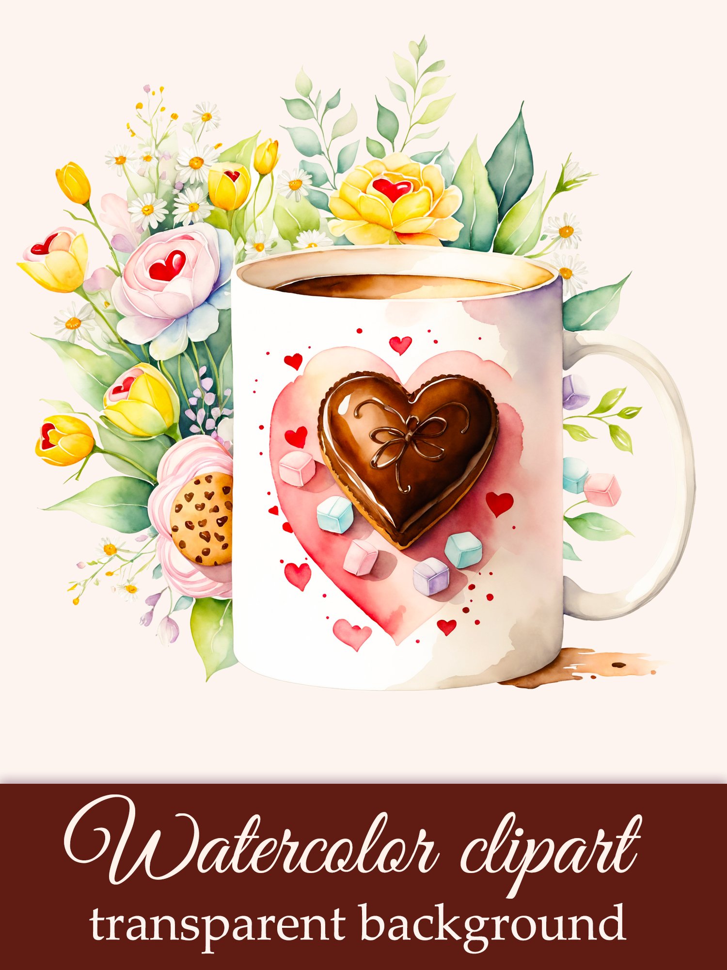 Watercolor coffee cup with hearts and chocolate, clipart Png