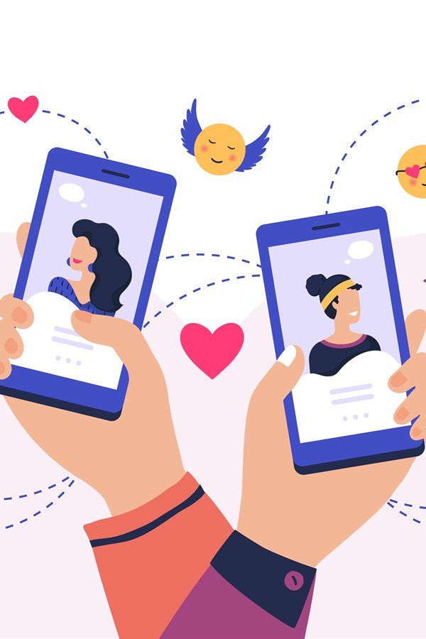 Mobile dating app. Cartoon hands holding smartphone with man