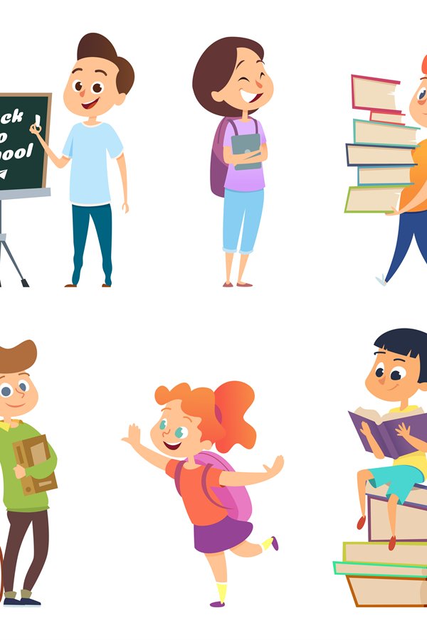 School characters. Male and female children go to school