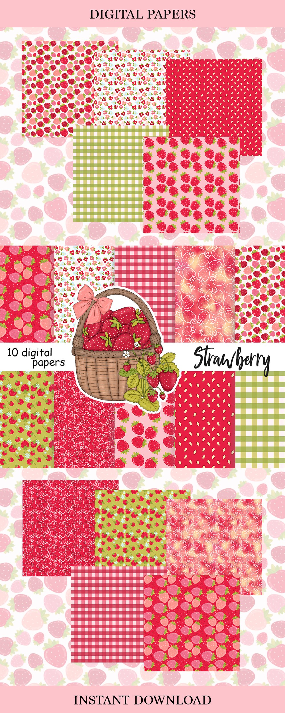 Strawberry Digital Paper | Fruits Pattern Bundle