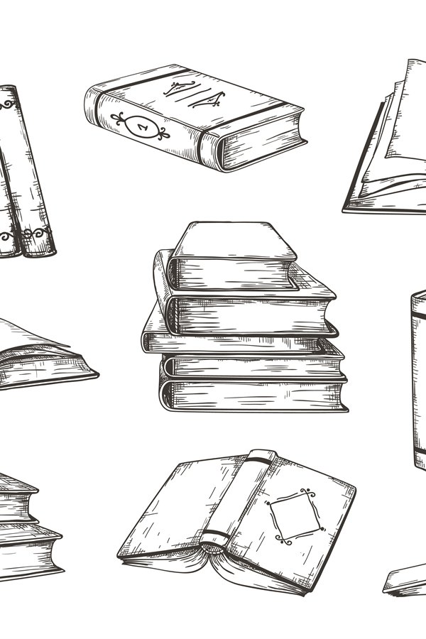 Hand Drawn Books Retro Engraved Pile And Stack Of Different
