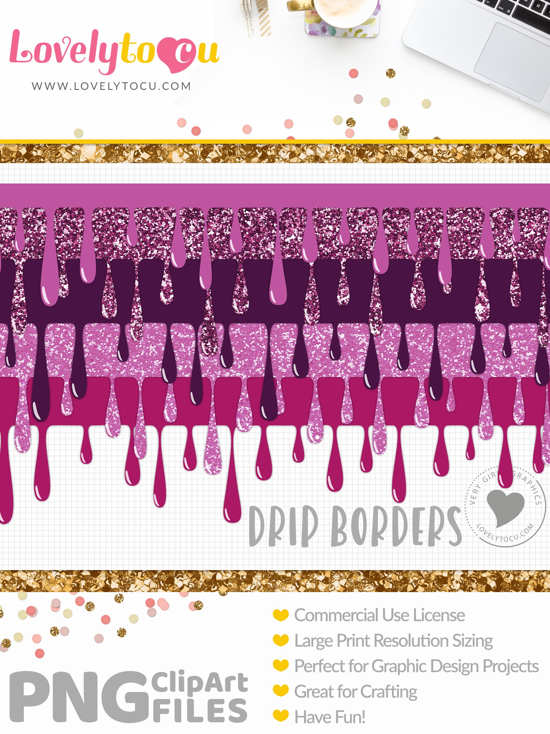 Glitter drip borders, graphic design elements, (2079346)