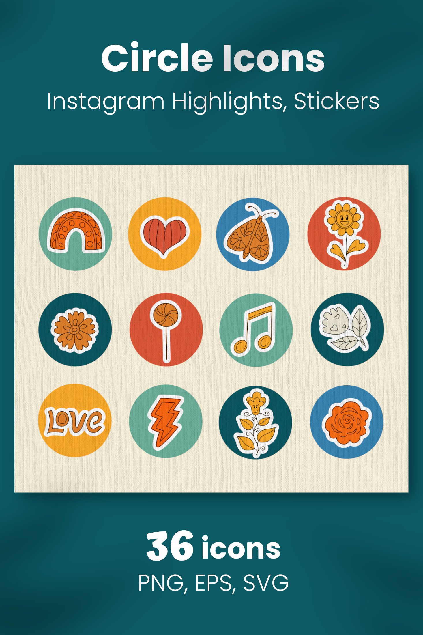 Groovy Circle Icons & Stickers| 36 Highlights PNG, SVG, EPS