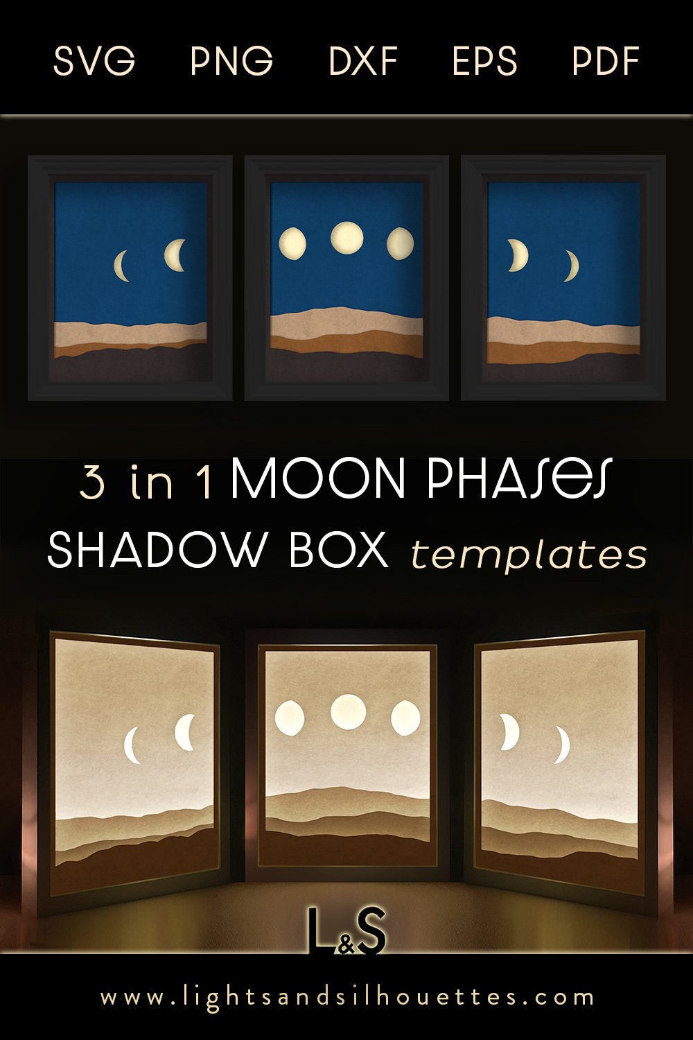 3 in 1 Moon Shadow Box Triptych | Lightbox Svg