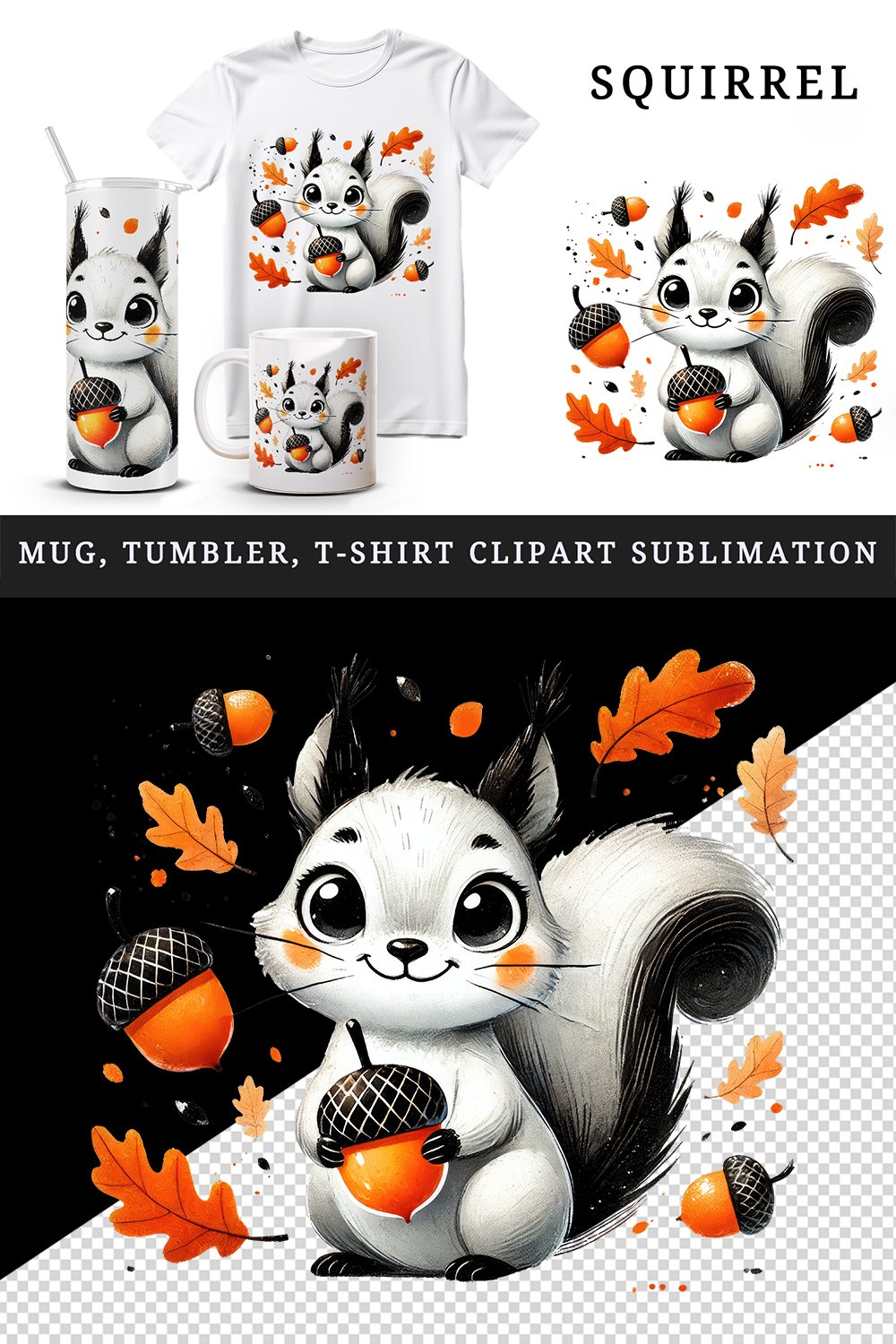 Autumn squirrel tumbler mug wrap clipart sublimation design