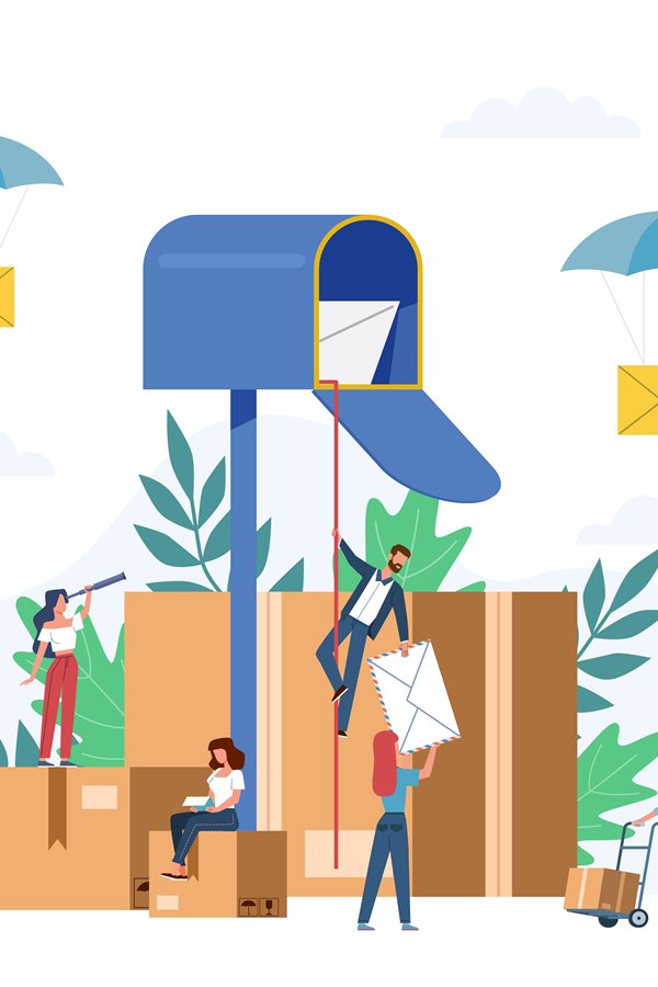 Receiving letter. Small people postmans and giant mailbox wi