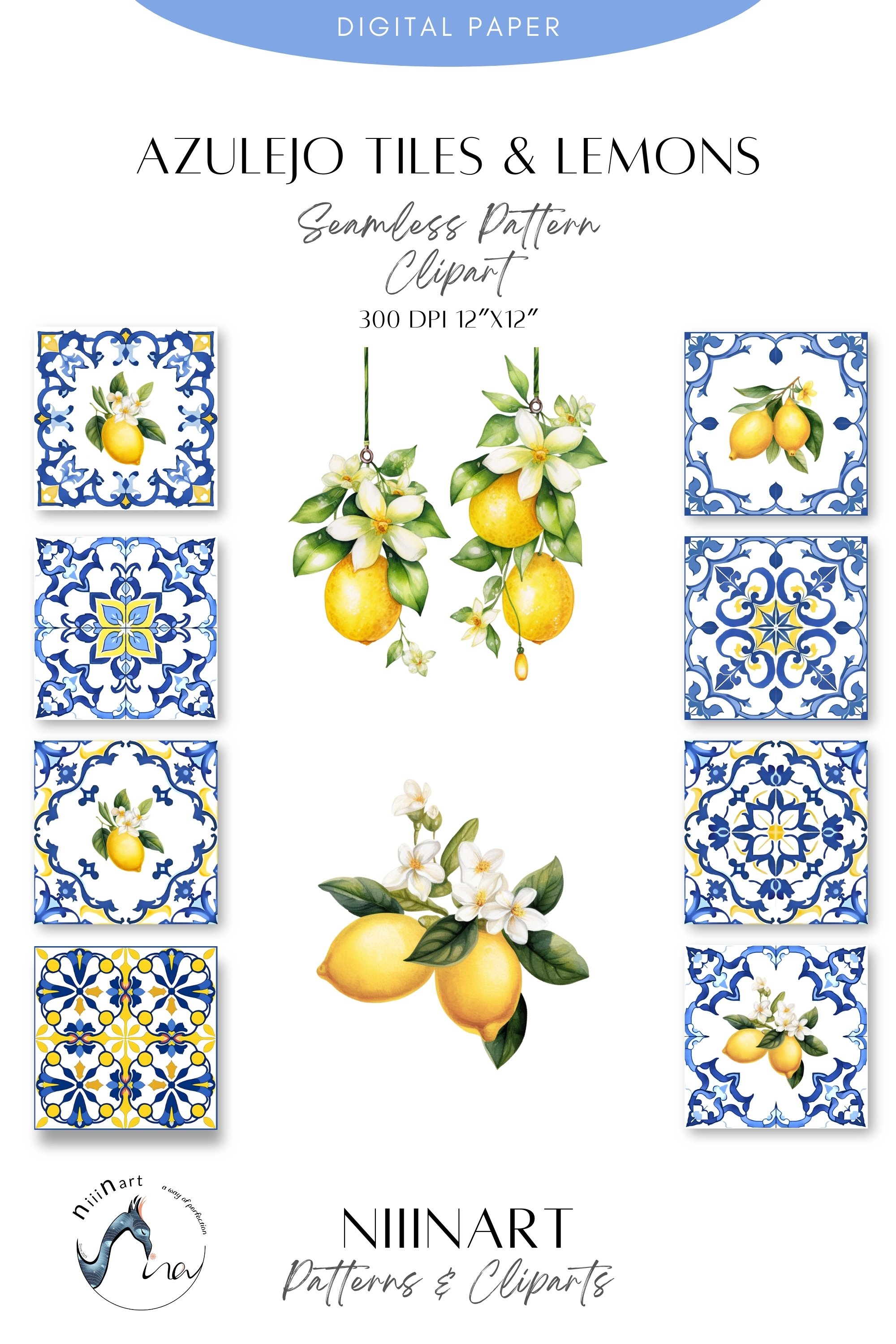 Hand Painted Portuguese Seamless Pattern & Tiles With Lemon
