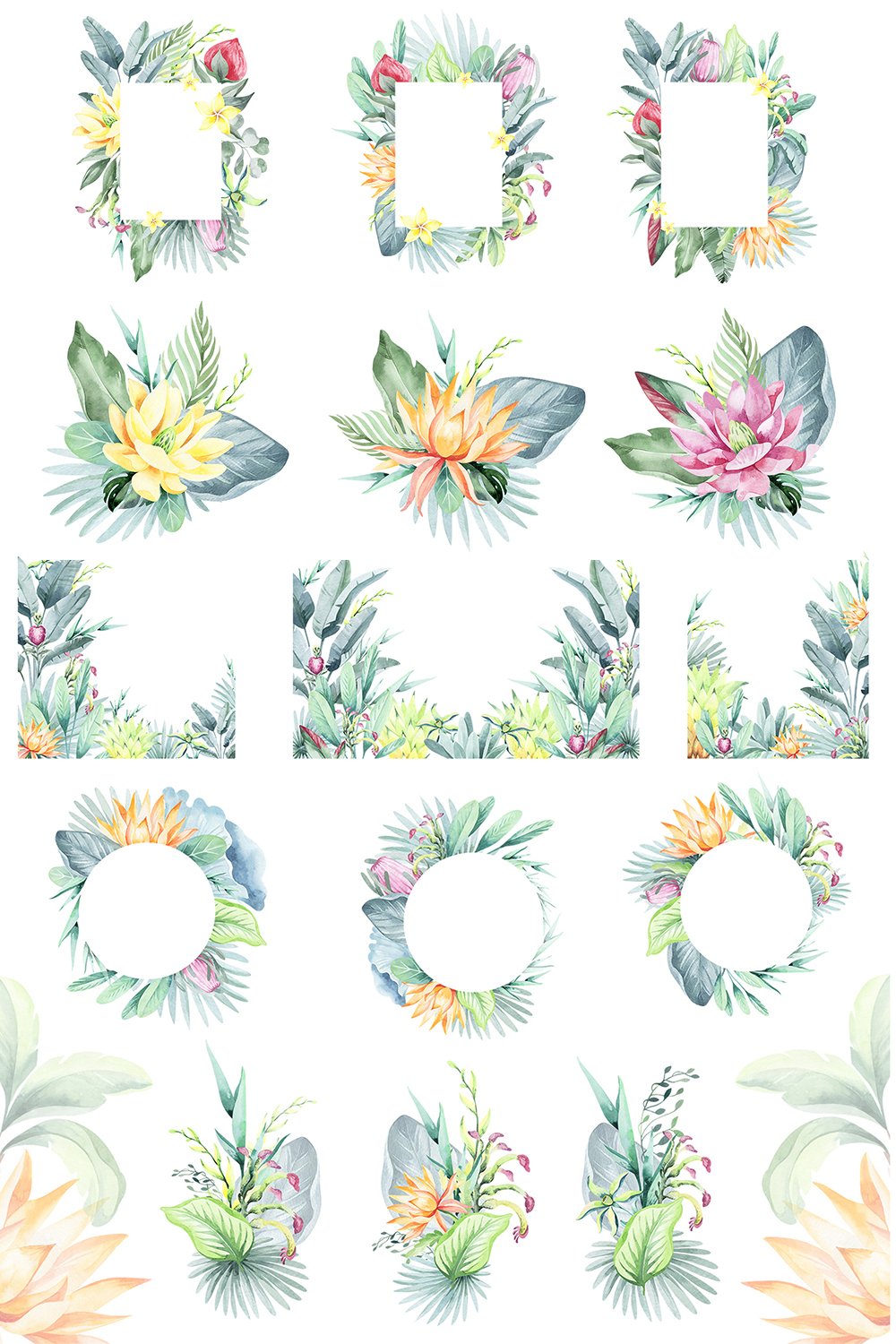 Watercolor clipart floral frames and bouquets