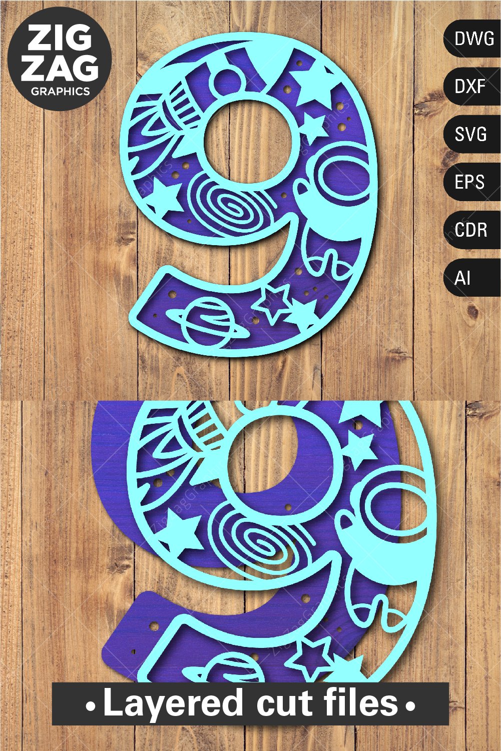 layered kids number 9 with space rocket astronaut and stars