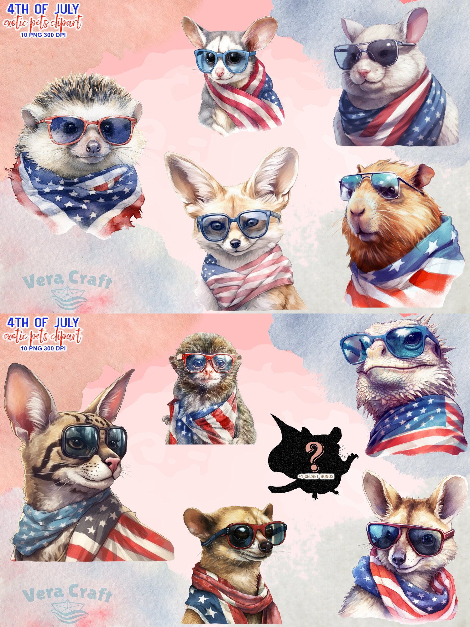 4th of July Exotic Pets Watercolor Clipart Bundle