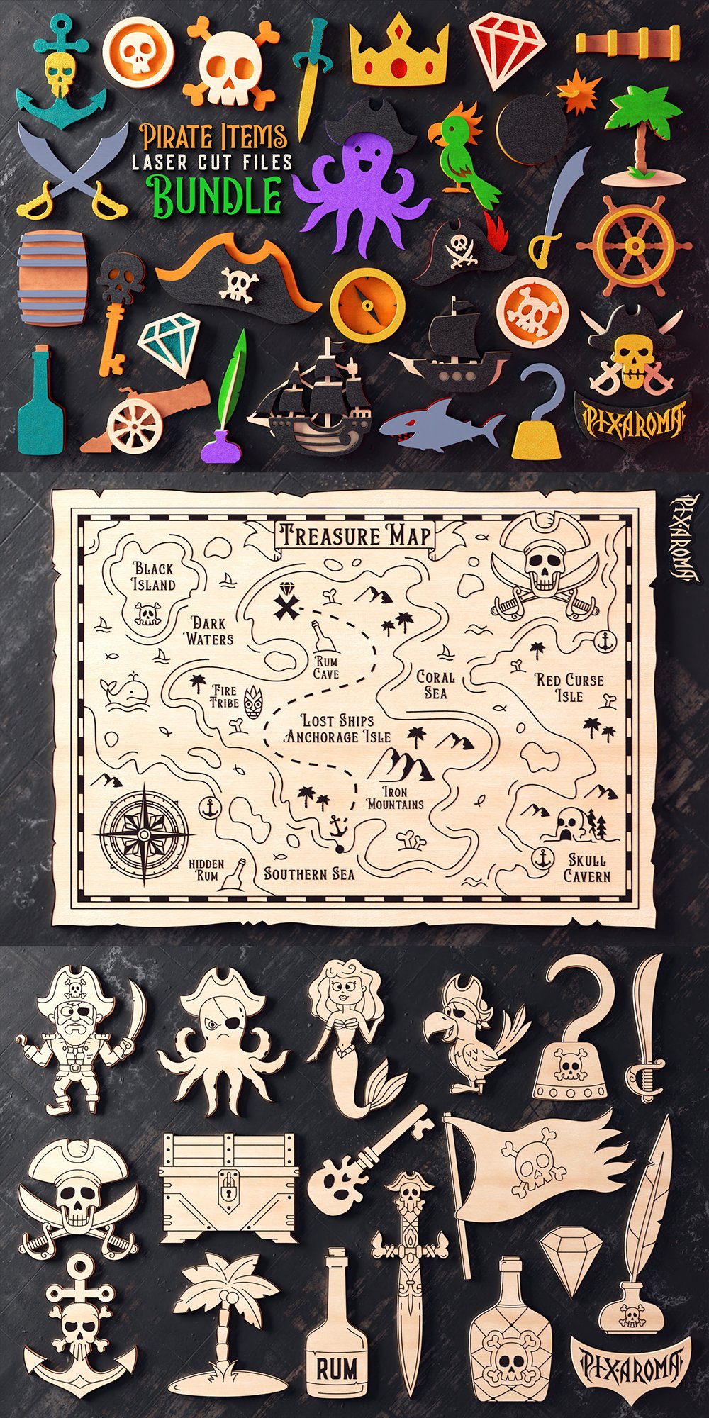 Pirate Items Bundle | 3D Layered Laser Cut Files