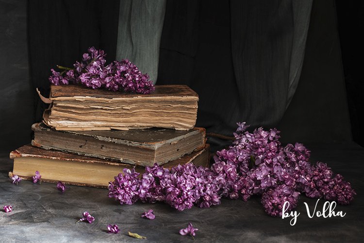 Lilac and ancient books on a dark background