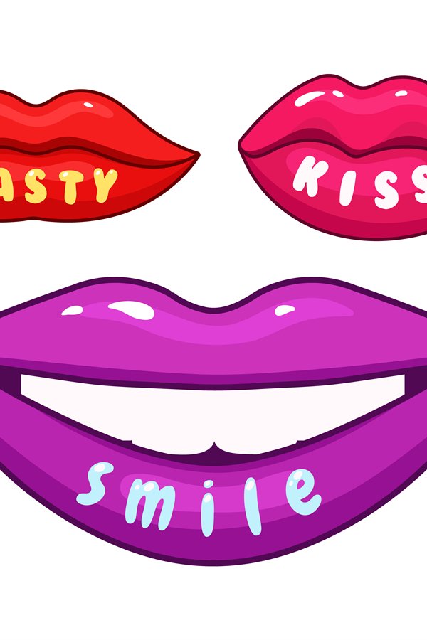 Sexy woman lips. Isolated lip with text smile kiss tasty. Ca