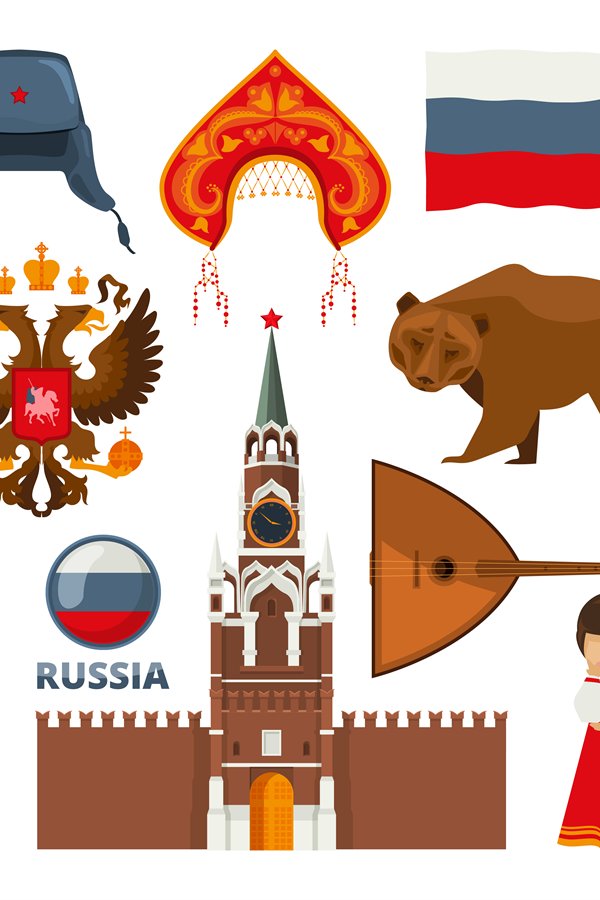 Set of different traditional national symbols of russia mosc