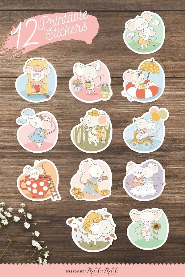 Cute Mouses Characters Printable Stickers Cricut Design