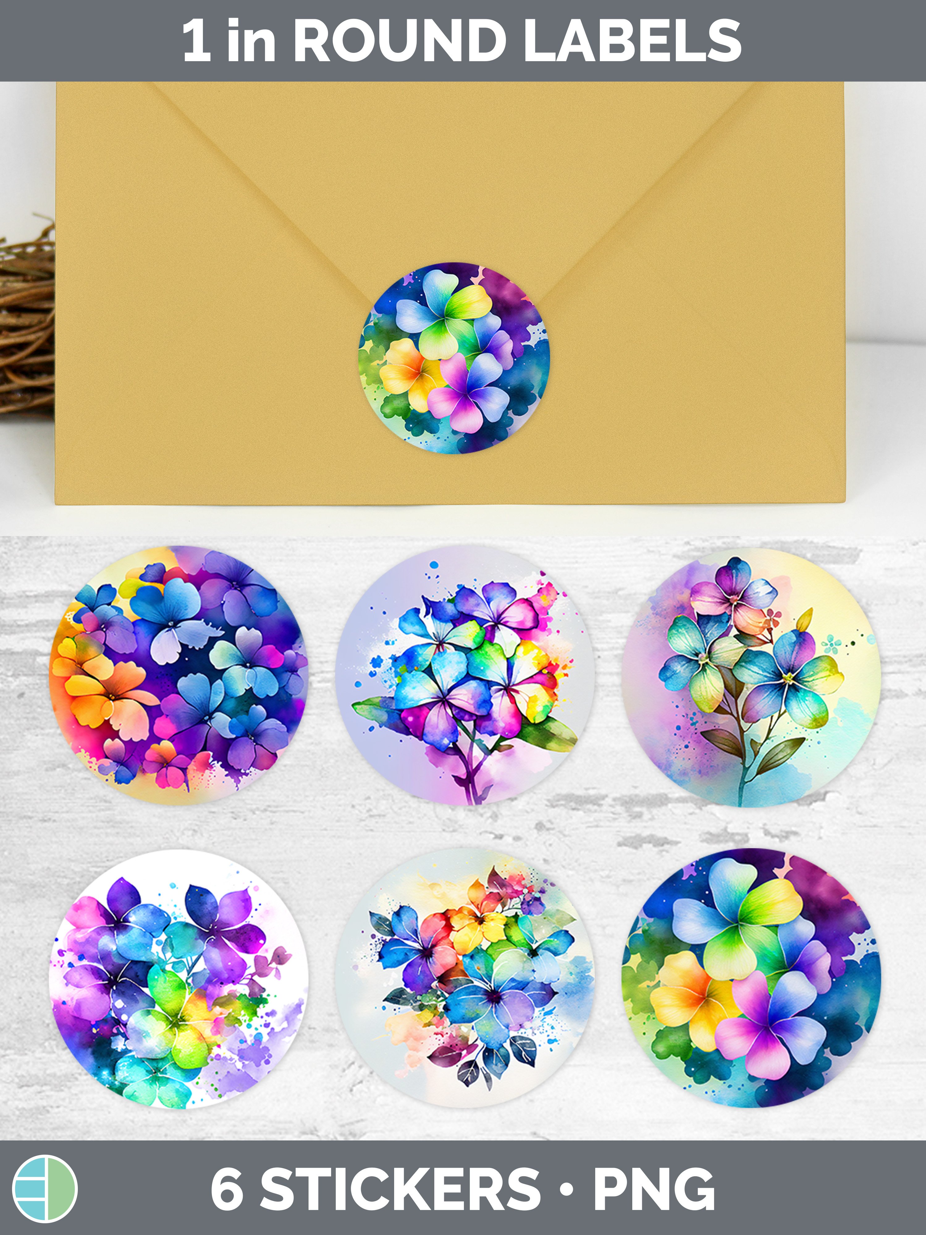 Rainbow Periwinkle Flowers Stickers | Round Labels Designs B