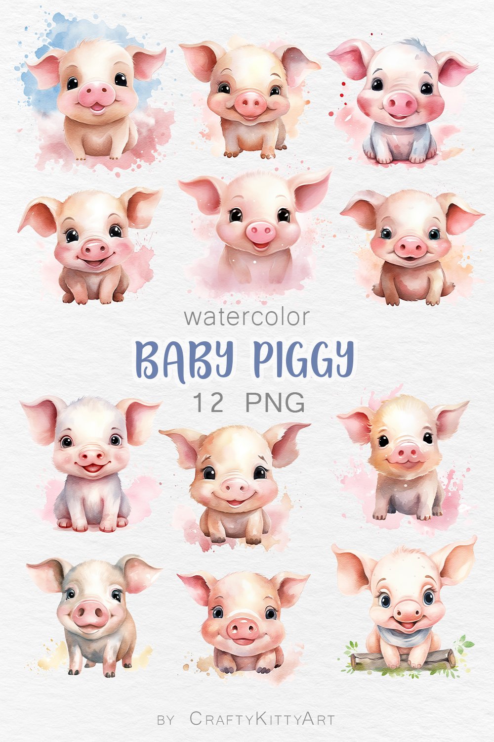 Pig Clipart, Cute Baby Animal PNG Watercolor Sublimations