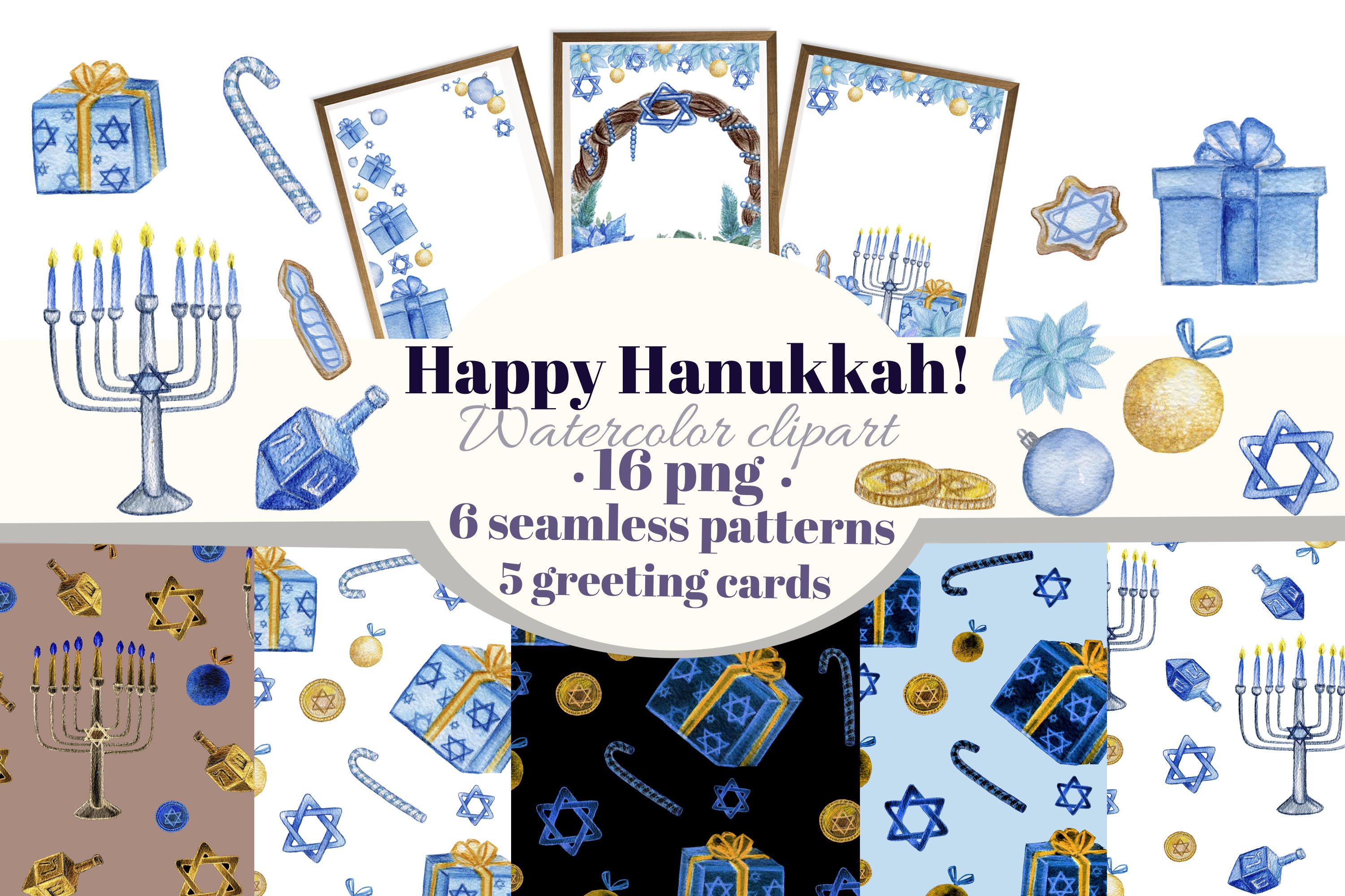 Hanukkah watercolor clipart. Traditional jewish holiday set.