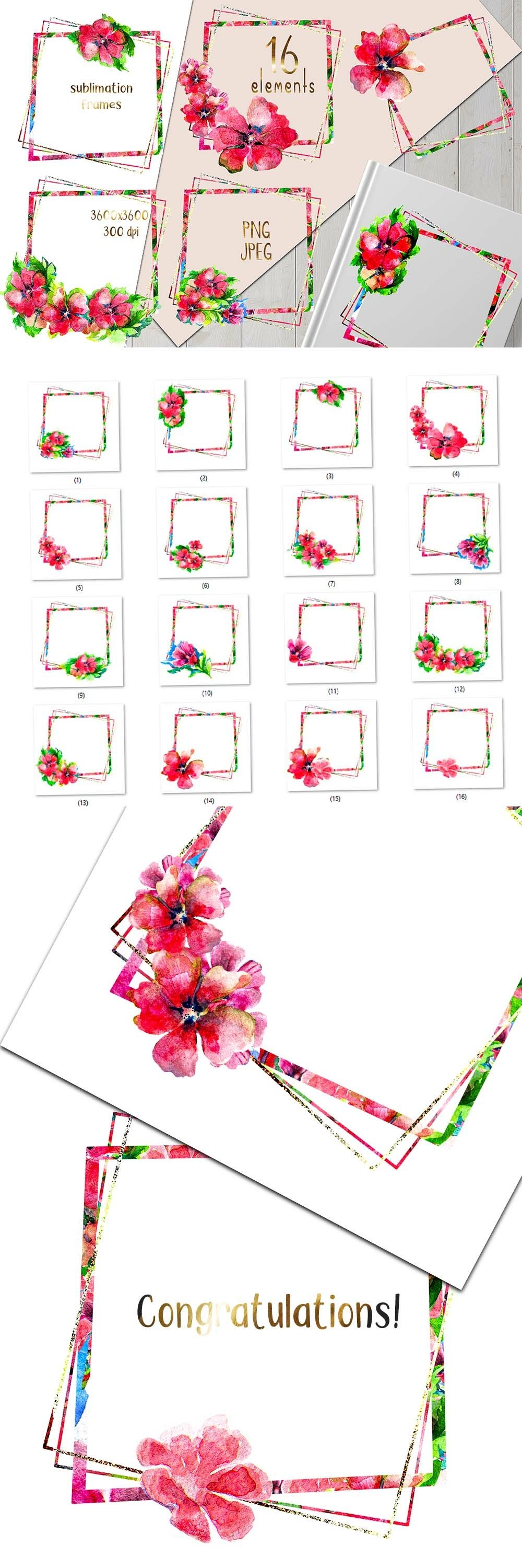 16 sublimation rectangular frames/Watercolor flowers/PNG